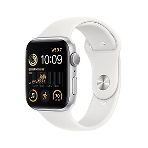 Apple Watch SE (2nd Gen) [GPS 44mm] Smart watch w/Silver Aluminum Case & White Sport Band - M/L. Fitness & Sleep Tracker, Crash Detection, Heart Rate Monitor, Retina Display, Water Resistant