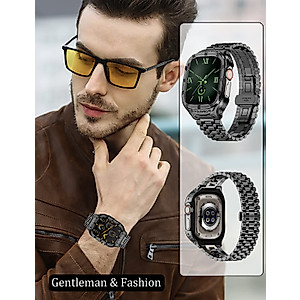 San Jeirie Stainless Steel Case & Band Compatible for Apple Watch Ultra 1/2 (49mm), Rugged Metal Protective Bumper Cover for iWatch Ultra Band for Men (Black)