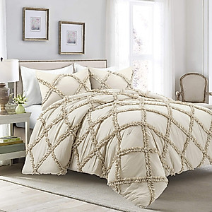 Lush Decor, King, Neutral Ruffle Diamond 3 Piece Comforter Set
