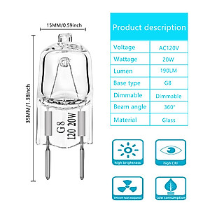 G8 Light Bulbs 20Watt 120Volt Halogen Light Bulb G8 Base Bi-Pin Shorter 20W T4 JCD Warm White Under Cabinet Puck Lighting Replacements,12Pack