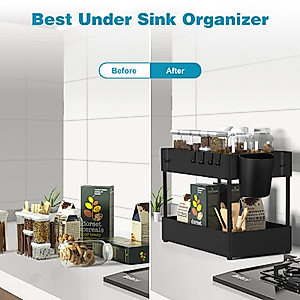 BlumWay 2 Pack Under Sink Organizers and Storage, 2 Tier Sliding Bathroom Cabinet Organizer, Multi-purpose Under Kitchen Sink Shelf with Hooks, for Bathroom/Kitchen Countertop