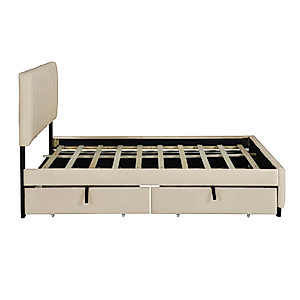 Anwick Velvet Queen Size Platform Bed with 2 Drawers and 1 Twin XL Trundle, Upholstered Queen Bed Frame with Storage and Headboard for Bedroom, No Box Spring Needed (Beige, Queen)
