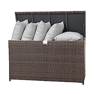 Patiorama Outdoor Wicker Storage Box Patio Aluminum Frame Espresso Brown Wicker Cushion Storage Bin Deck Box, 120 Gallon