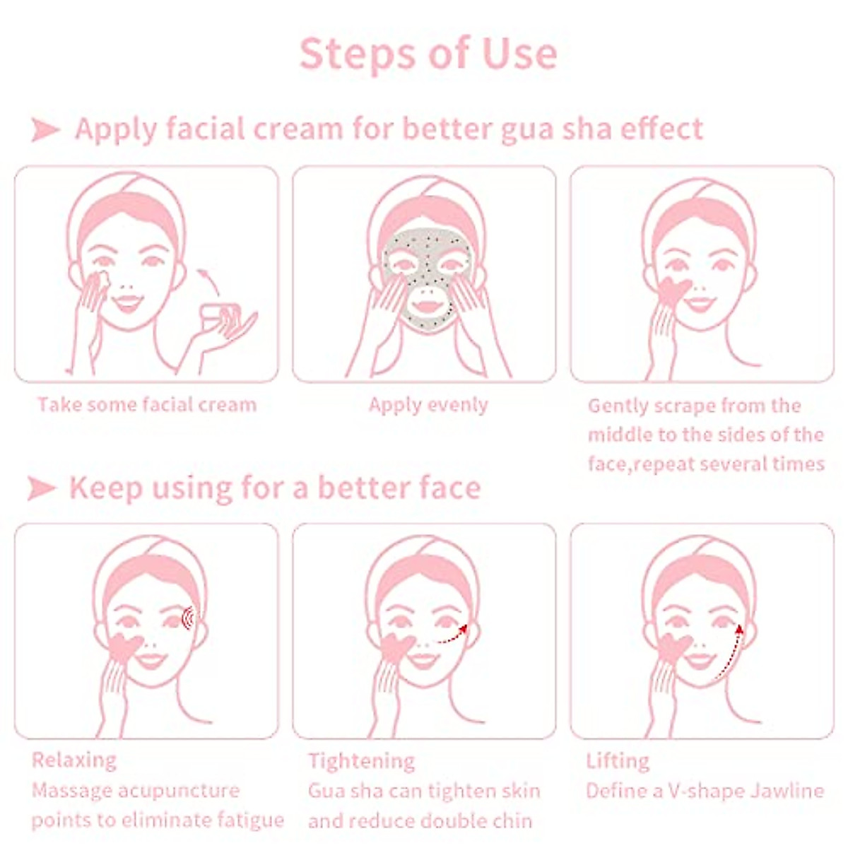 Contrybox Gua Sha Facial Tools, Rose Quartz Guasha Tool for Face & Eye Gua Sha Stone for Puffiness Reducing & Jawline Sculpting Face Stone Gua Sha Tools for Skin Care Woman GuaSha Stone Tool, Pink
