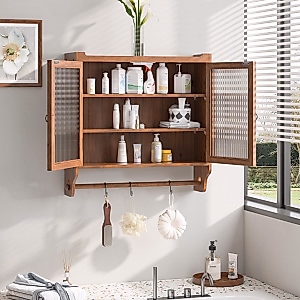 Mid Century Modern Wall Cabinet With Glass Doors, Mounted Glass Cabinet, Medicine Cabinet, Spice Cabinet, Farmhouse Wall Storage Cabinet With Adjustable Shelves and Towel Rack for Bathroom, Kitchen