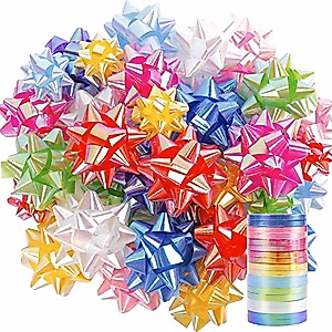 WELTOKE 72 Gift Bows Assortment with 18 Rolls Curling Ribbons, Holiday Bows for Gift Wrapping, Christmas Wrapping Ribbon, Crafting, Wedding, Party, Festival, Florist Flower(9 Rainbow Colors)
