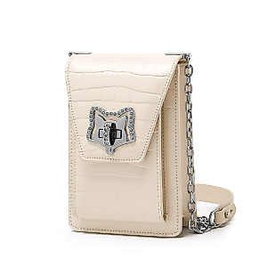 FOXLOVER Crossbody Cell Phone Purses for Women, Cow Leather Crocodile Pattern Ladies Small Shoulder Bags with Metal Chain Strap Womens Mini Wallet Purses Women's Shoulder Sling Bags (White)