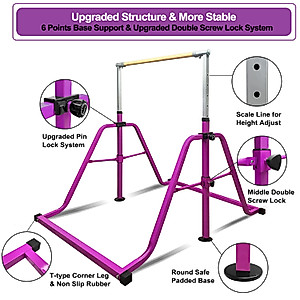 kechery Foldable & Moveable Gymnastics Horizontal Bar with Rings,3’to 5’Adjustable Height Expandable Junior Kip Bar for Home,Indoor Gym Equipment for Kids (Foldable Purple with Rings)
