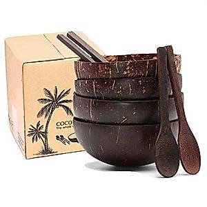 CLAYNIX 4 Coconut Bowls Serving Smoothie Bowl and Spoon Gift Natural Handmade Polish with Coconut Oil, Durable for Vegans Breakfast, Serving, Acai Bowl , Party Ice Cream Cereal (4, Polished)