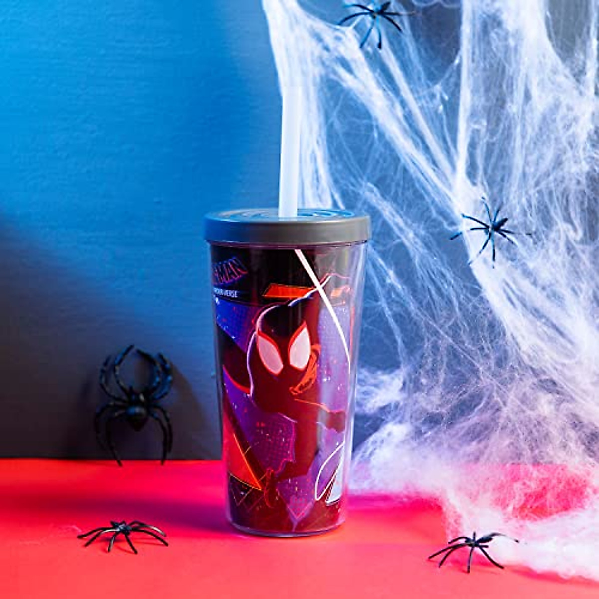 Zak Designs Marvel Spider-Man Across the Spider-Verse Movie Plastic Tumbler with Splash-Proof Lid and Straw, Durable Double-Wall Insulated Travel Cup Fits in Car Drink Holders (16oz, Non-BPA)