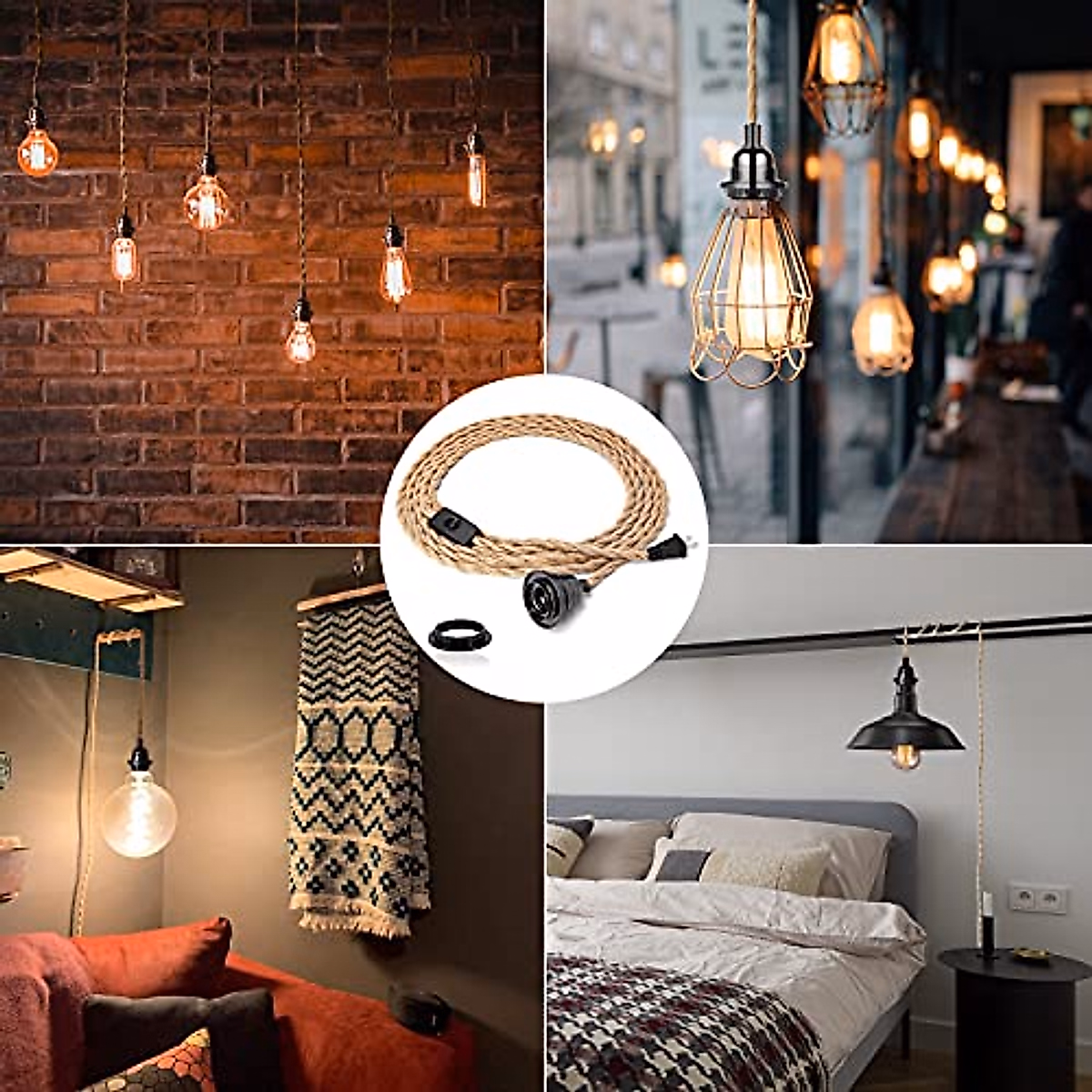 Plug in Hanging Light Fixture, 15FT Pendant Lamp Lights Cord with Switch Cord E26 Bulbs Socket, Industrial DIY Twisted Hemp Rope Overhead Lamps for Farmhouse Bedroom Home Lighting Decors