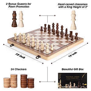 15inch Chess and Checkers Game Set - Chess Unique Gift for Kids and Adults. Durable Wooden Pieces, Sleek Wooden Board.Chess Introduces Strategy and Problem-Solving. Family Game Night Activity