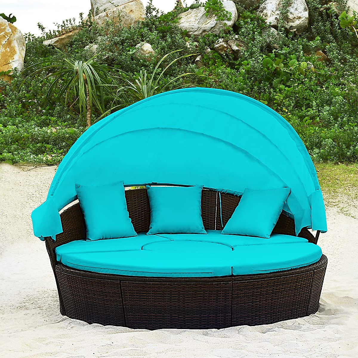 Tangkula Patio Round Daybed with Retractable Canopy, Outdoor Wicker Rattan Furniture Sets, Sectional Cushioned Sofa Set w/Height Adjustable Coffee Table, Rattan Conversation Sets (Turquoise)