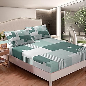 jejeloiu Geometric Sheet Set Full Size Kids White Green Geometry Square Sheets with Deep Pocket Fitted Sheet for Boys Girls Teens Modern Striped Art Bed Sheets Set Luxury Bedding Set Room Decor
