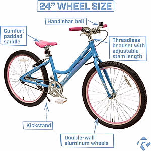 Revere Freestyle Kids 24" Girls Cruiser Bicycle for Ages 7-11 Years Old. Lightweight Aluminum Frame and Fork, Easy to Ride! Premium Parts, Premium Design, Premium Safety! (Periwinkle)