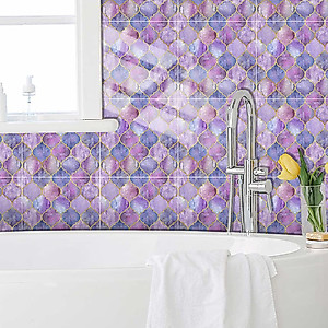 Yifasy 6pcs Dazzle Purple Shelf Liners Fish Scale Furniture Decor Sticker Peel-Stick PVC Tiles Covering 15x15cm