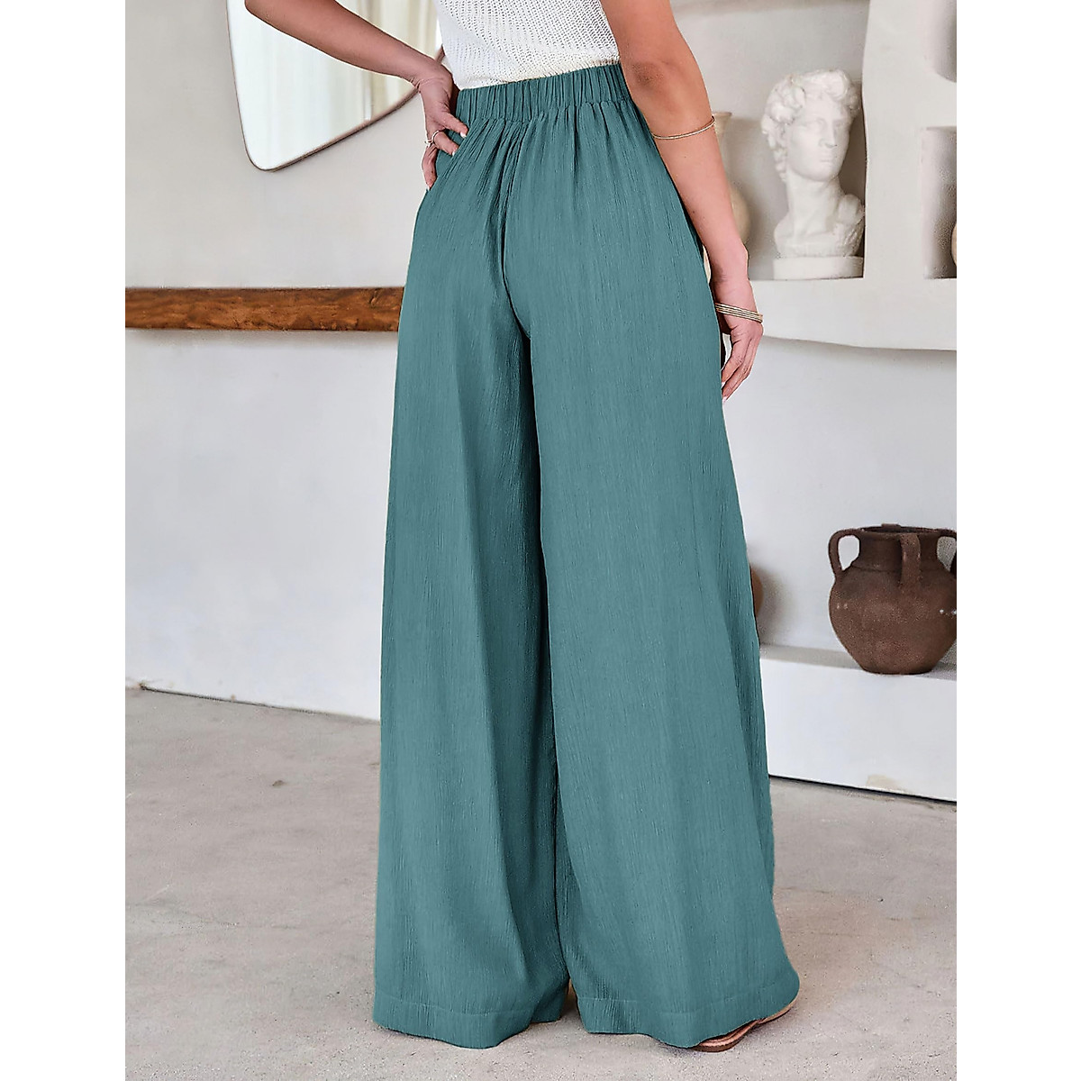 MUSIDORA Wide Leg Pants for Women High Waisted Drawstring Linen Travel Beach Pants Loose Flowy Slacks Trousers Stretchy Petite (Peacock Blue L)