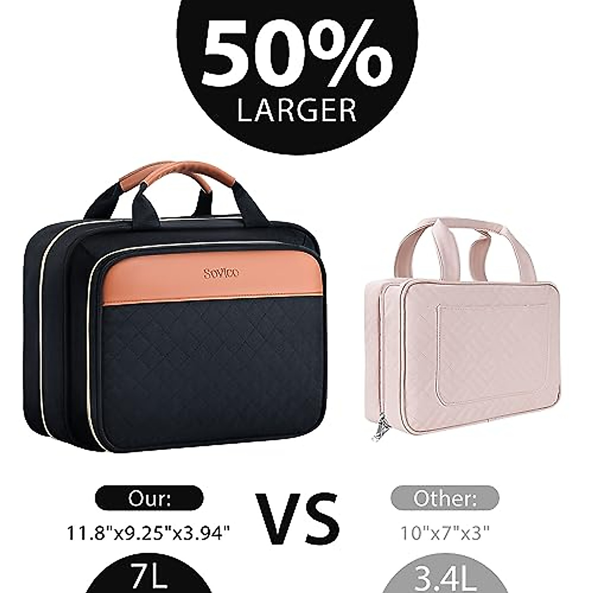 SOVICO Large Travel Toiletry Bag for Women with Extra 4 Travel Bottles, Hanging Toiletry Bag with 360° Rotatable Hook, Travel Bag for Full-Sized Cosmetic Bag with Makeup Brush Compartment-Black