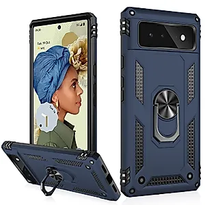 IKAZZ Suitable for Google Pixel 6 Case,Military Grade Shockproof Heavy Duty Protective Phone Cover Pass 16ft Drop Test with Magnetic Kickstand Car Mount Holder Blue