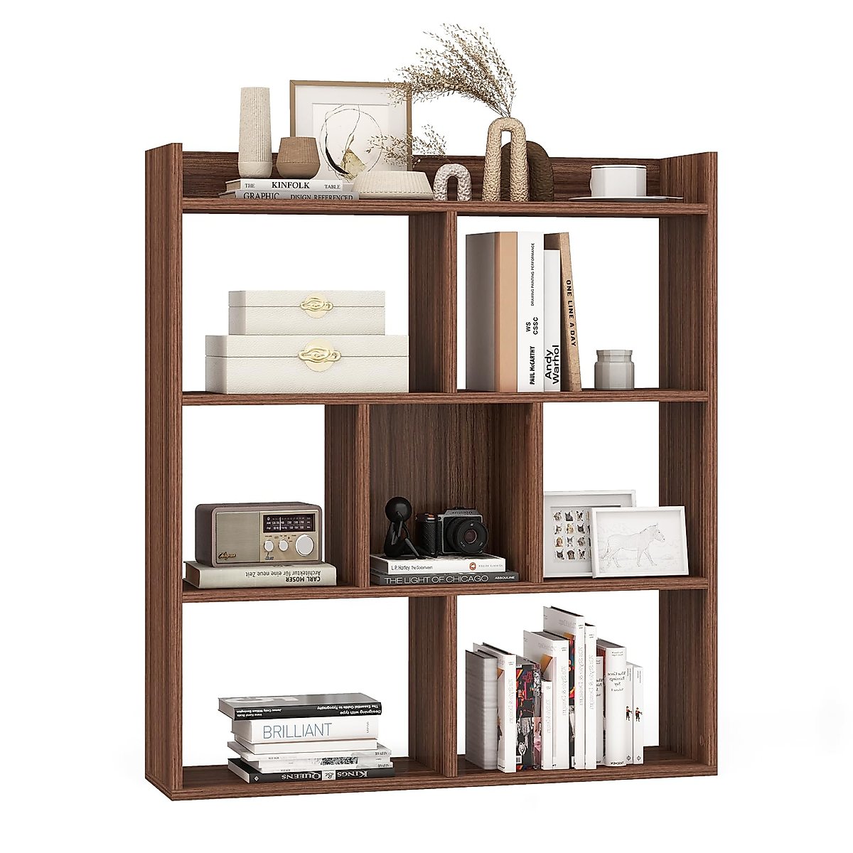 Giantex 7 Cube Bookshelf, Free-Standing Wooden Bookcase, 4 Tier Home Display Shelf, Horizontal Storage Unit w/Anti-Toppling Devices, Open-Back Display Rack for Study, Bedroom, Living Room, Walnut