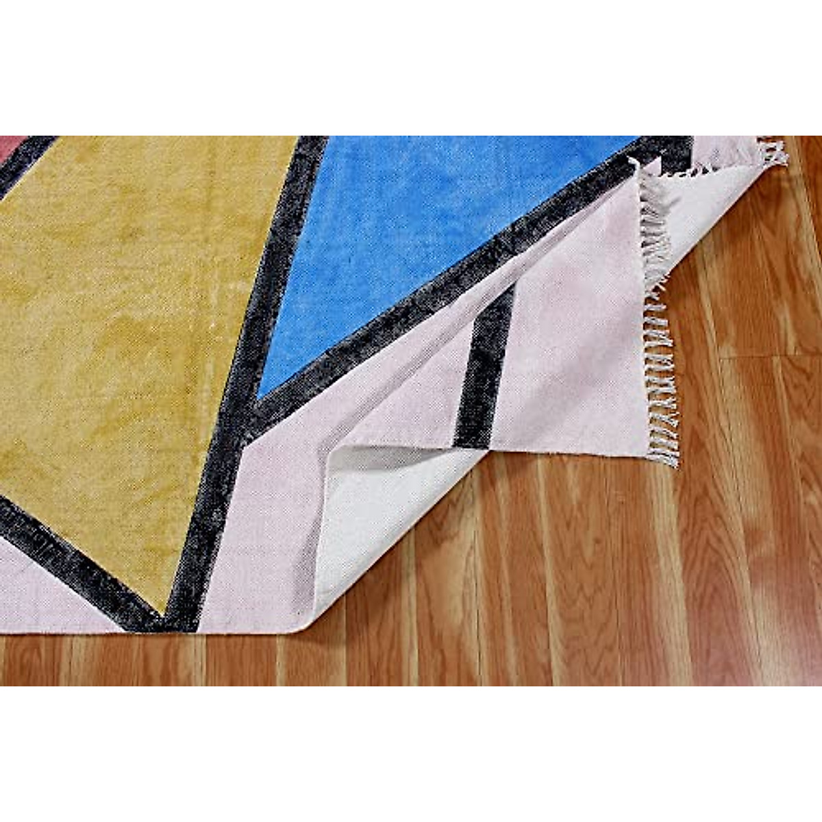 Casavani Hand Block Printed Cotton Dhurrie Geometric Pink & Yellow Area Rug Doormat Floor Rug Indoor Area Rugs for Bedroom Living Room Laundry Room 3x20 Feet Runner