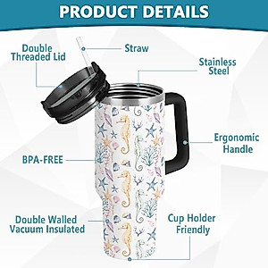 SDMKA 30oz Stainless Steel Tumbler with Straw and Handle, Vacuum Insulated Double-Walled Travel Mug, BPA-Free Leakproof Cup for Hot/Cold Beverages, Watercolor Seahorses