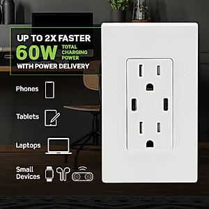 Leviton T5636-W 60W USB Dual Type-C Power Delivery In-Wall Charger with 15A Outlet, USB Charger for Laptops, Smartphones, Tablets, and More, White