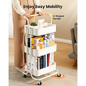 3 Tier Mesh Utility Cart, Rolling Metal Organization Cart with Handle and Lockable Wheels, Multifunctional Storage Shelves for Kitchen Living Room Office by Pipishell White