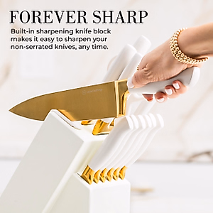 Gold Knife Set with Block Self Sharpening - 14 PC Luxurious Titanium Coated Gold and Off-White Kitchen Knife Set and White Knife Block with Sharpener, White and Gold Kitchen Accessories and Decor