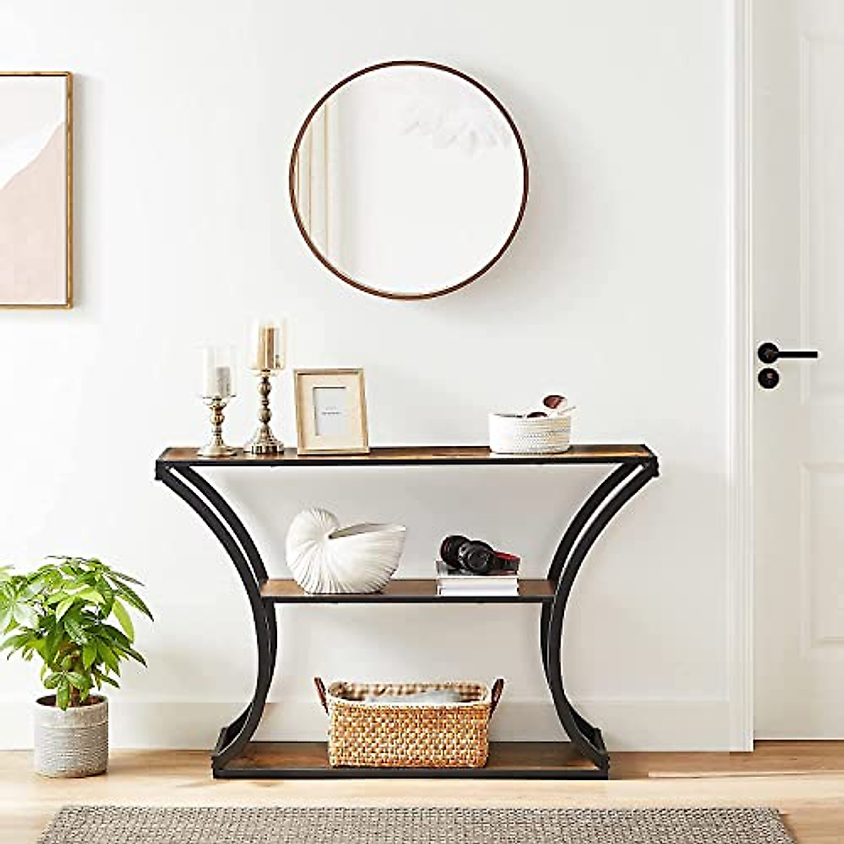 VASAGLE Console Table with Curved Frames and 2 Open Shelves, for Hallway Entryway Living Room, Rustic Brown + Black