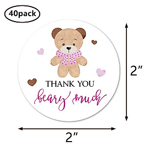 Pink Bear Thank You Stickers, 2 Inch Bear Girl Baby Shower Birthday Party Labels 40-Pack