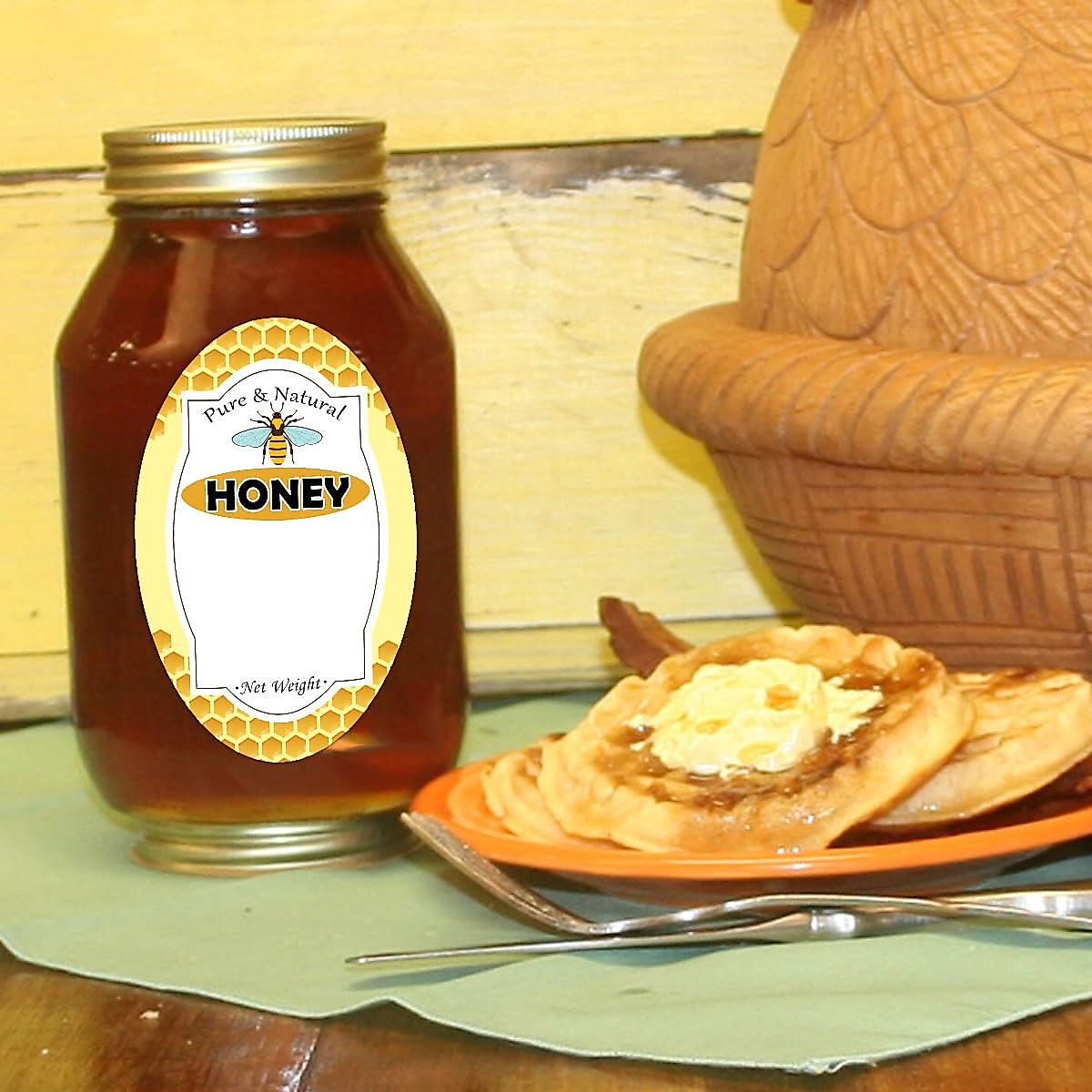 Pure Natural Honey Jars and Bottles Labels 2 x 3 Inch Honey Bottling Labels - Honey Farm Kitchen Name Home Business Round Mason Jar Labels for Honey Quart Jars and Honey Bears 60 Pcs