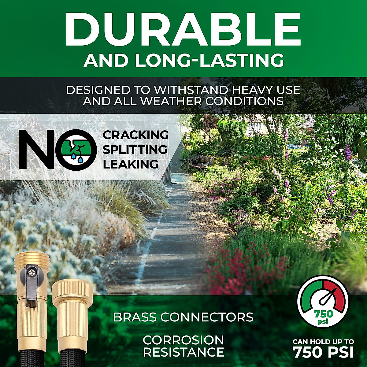 LightHose Garden Hose, NON-EXPANDABLE Garden Hose, Super Light Weight Hose, No Burst, 3/4 inch Solid Brass Connectors, 25 Ft, Black