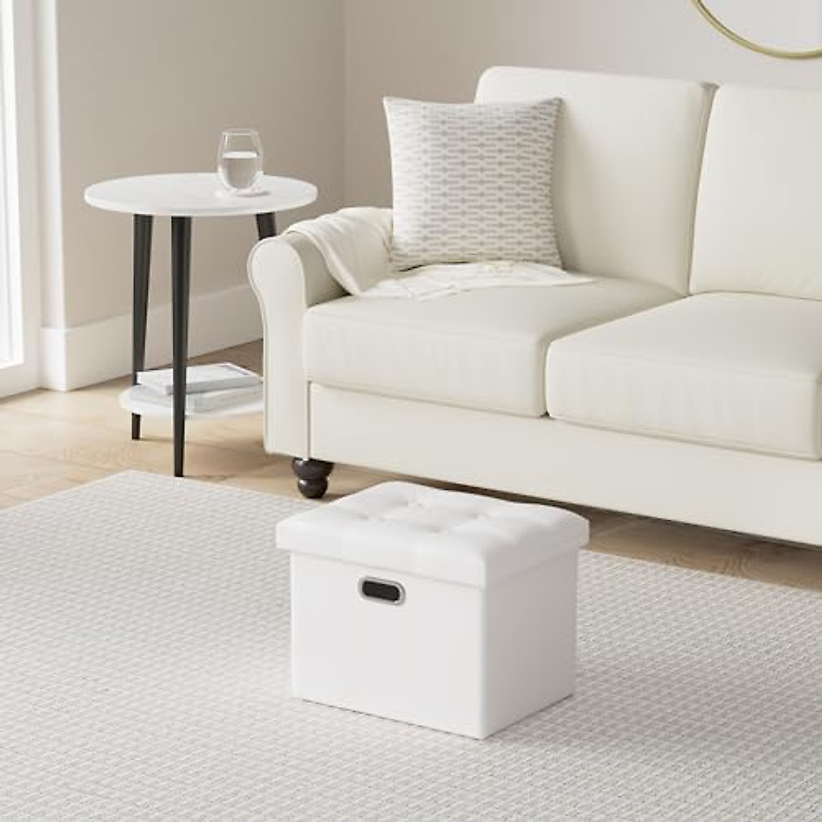 COSYLAND Storage Ottoman 17x13x13in Leather Ottoman Rectangle Foot Rest Foot Stool Folding Ottoman for Room Dorm Small Collapsible Bench Seat Organizer Entryway Furniture with Handles Lid White