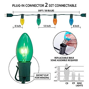 50 Feet C9 Bulb String Lights Outdoor Multicolored Christmas Lights Green Wire for Outdoor Patio Room Christmas Tree Party Backyard Decoration, E17 Base, 50 Bulbs