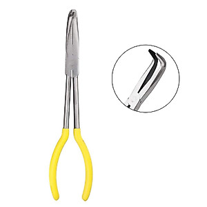 BQKKWIN 11 Inch Long Reach Long Nose Pliers Designed for Mechanics, Technicians, and Contractors Work with Delicate or Difficult-to-Reach Pieces Milled-Jaws Steel “90° Degree Bent Nose Plier