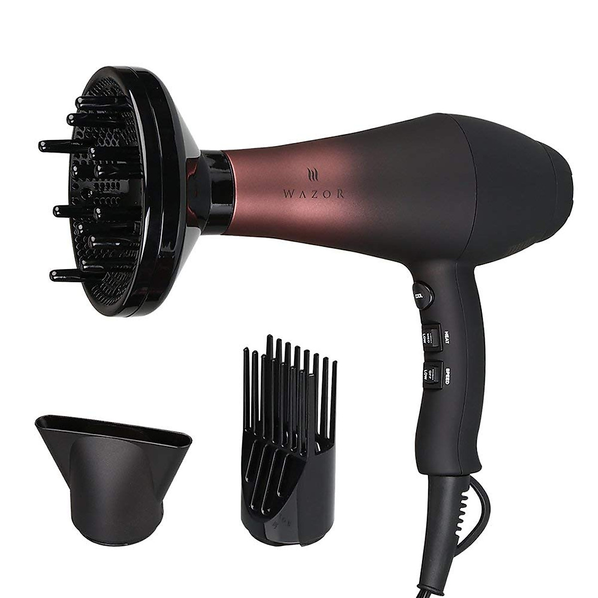Wazor Professional Ionic Hair Dryer with Diffuser, Infrared Salon Grade Blow Dryer with Comb Attachment, 1875W Powerful Quiet Hair Blow Dryer, Tourmaline Ceramic Hairdryer with Nozzle, Black