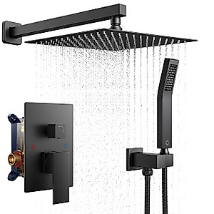 FORIOUS Shower Faucet Set Black -12 Inch Shower System with Solid Brass Pressure Balanced Valve, Rainfall Shower Head and Handle Set, Wall Mounted Shower Fixtures Combo Matte Black