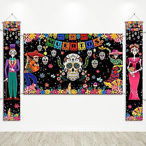 Avezano Day of The Dead Decorations Dia de Los Muertos Banner&Porch Signs Kit for Mexican Dia de Los Muertos Party Decor Day of Dead Hanging Banner Indoor Outdoor Supplies