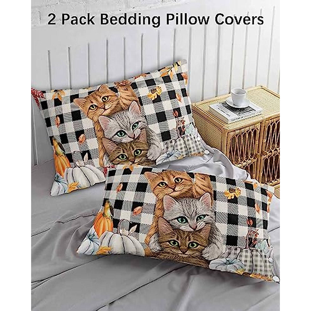 Thanksgiving Pillow Covers Standard Size Set of 2 Bed Pillow, Fall Pumpkin Cats Maple Leaf Black White Plaid Plush Soft Comfort for Hair/ Skin Cooling Pillowcases with Envelop Closure 20''x26''
