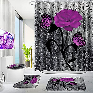 Poedist 5 Pcs Grey Bathroom Decor Set,Shower Curtain Sets with Rugs,Include Bath Towel,U Mat,Toilet Lid Cover & Bath Mat,with 12 Hooks,Creative Purple Rose