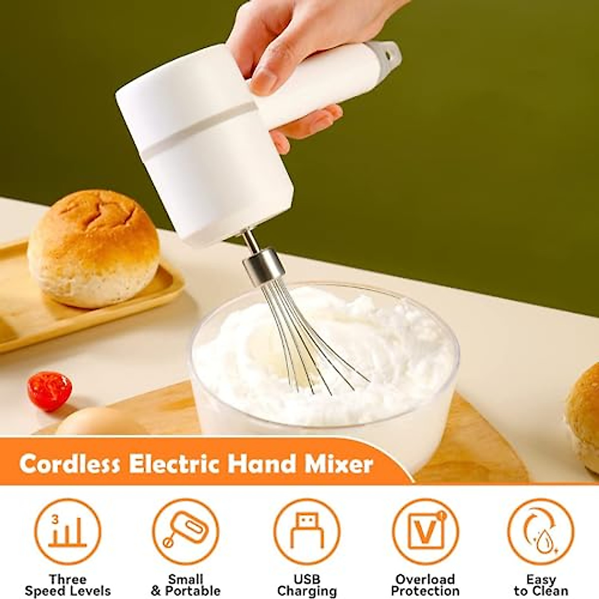 Good Dee's Portable Electric Cordless Handheld Mixer, 3-Speed Adjustable Lightweight USB Rechargeable Hand Mixer Stainless Steel (White)