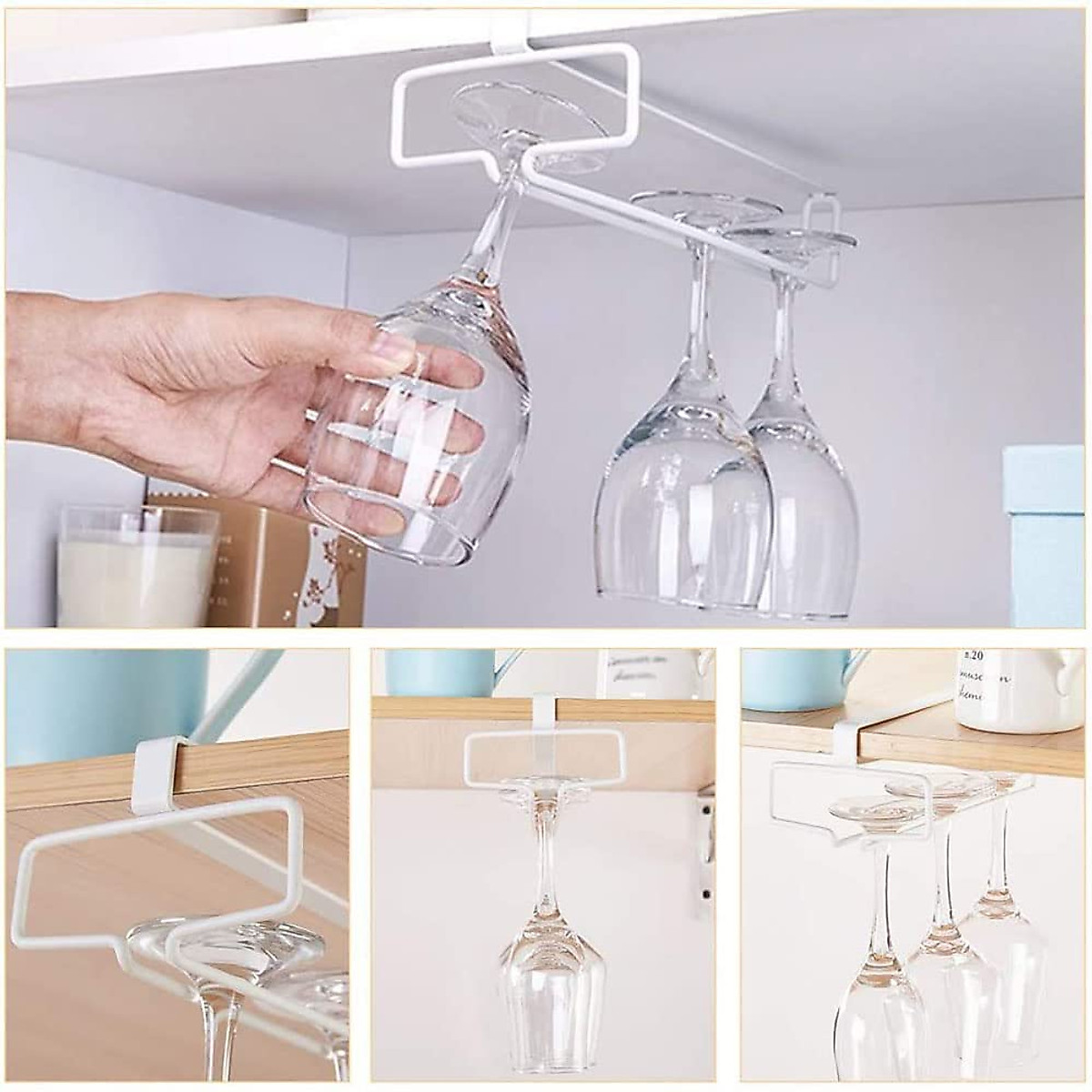 LINFIDITE Wine Glass Rack Under Cabinet No Drilling Stemware Rack Hanger Wine Glass Holder Kitchen Hanging Glass Storage Rack Organizer,White