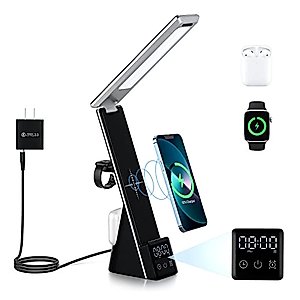 GAOHANG LED Desk Lamp with Wireless Charger 3 in 1 Fast Charging Station, Touch Control Desk Lamp with Clock, Alarm, 3 Lighting Modes & Stepless Brightness Home Office Eye-Caring Table Lamps Black