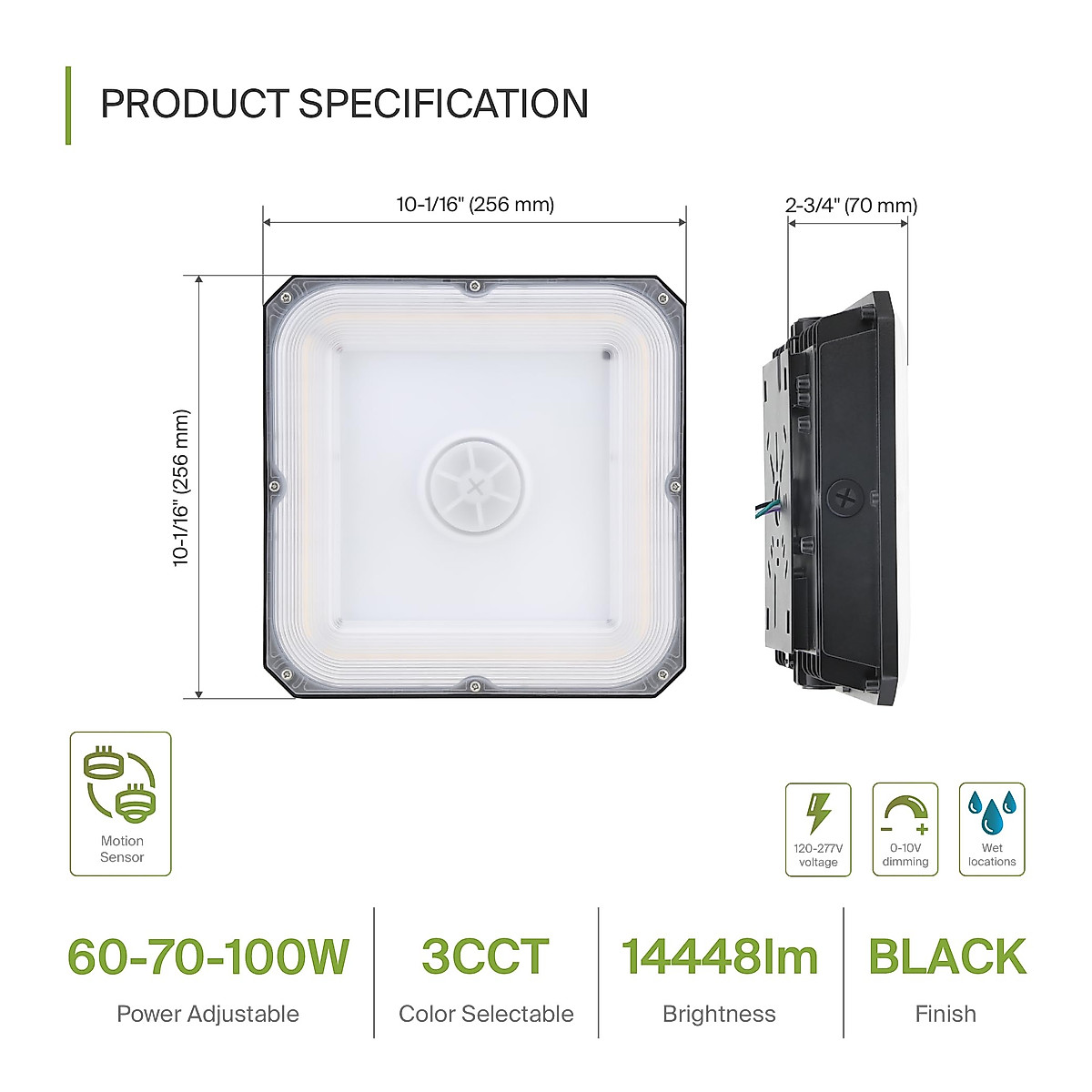 ASD LED Canopy Light 100/70/60W with Q-Base – 3000/4000/5000K 14448Lm 10"x10" 120-277V IP65 Dimmable 0-10V UL & DLC Listed (Optional Motion Sensor-Extra Purchase)