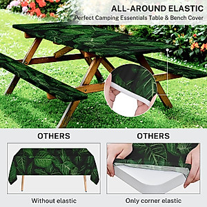 Picnic Table Cover with Bench Covers Elastic Edges, Green Leaves Fitted Table Cover, Outdoor Patio Camping Essentials 72 Inch 3PCS, Waterproof Fitted Tablecloth with Drawstring Bag