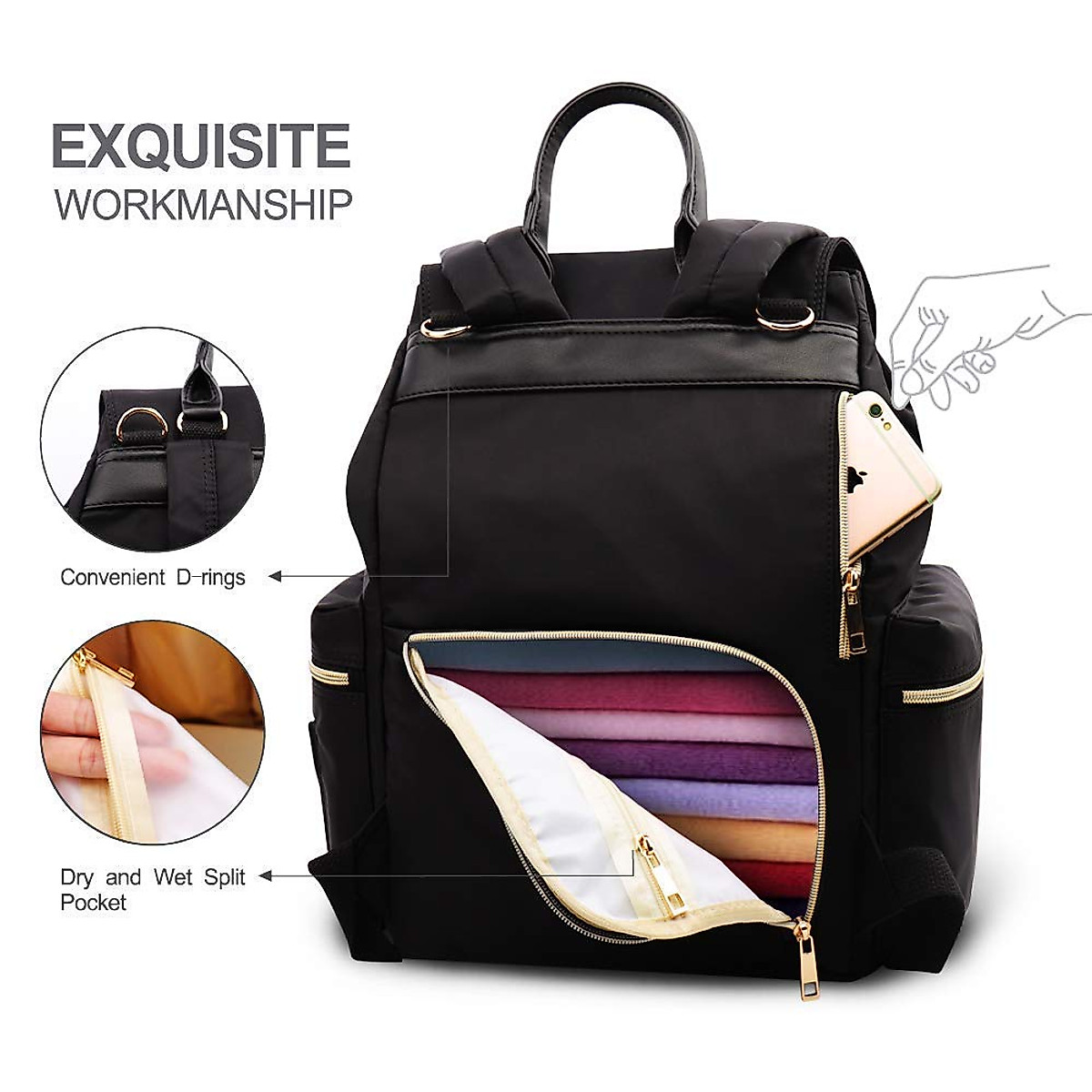 Vogshow Waterproof Diaper Bag, Multifunction Stylish Travel Backpack with 2 Stroller Hooks, Black