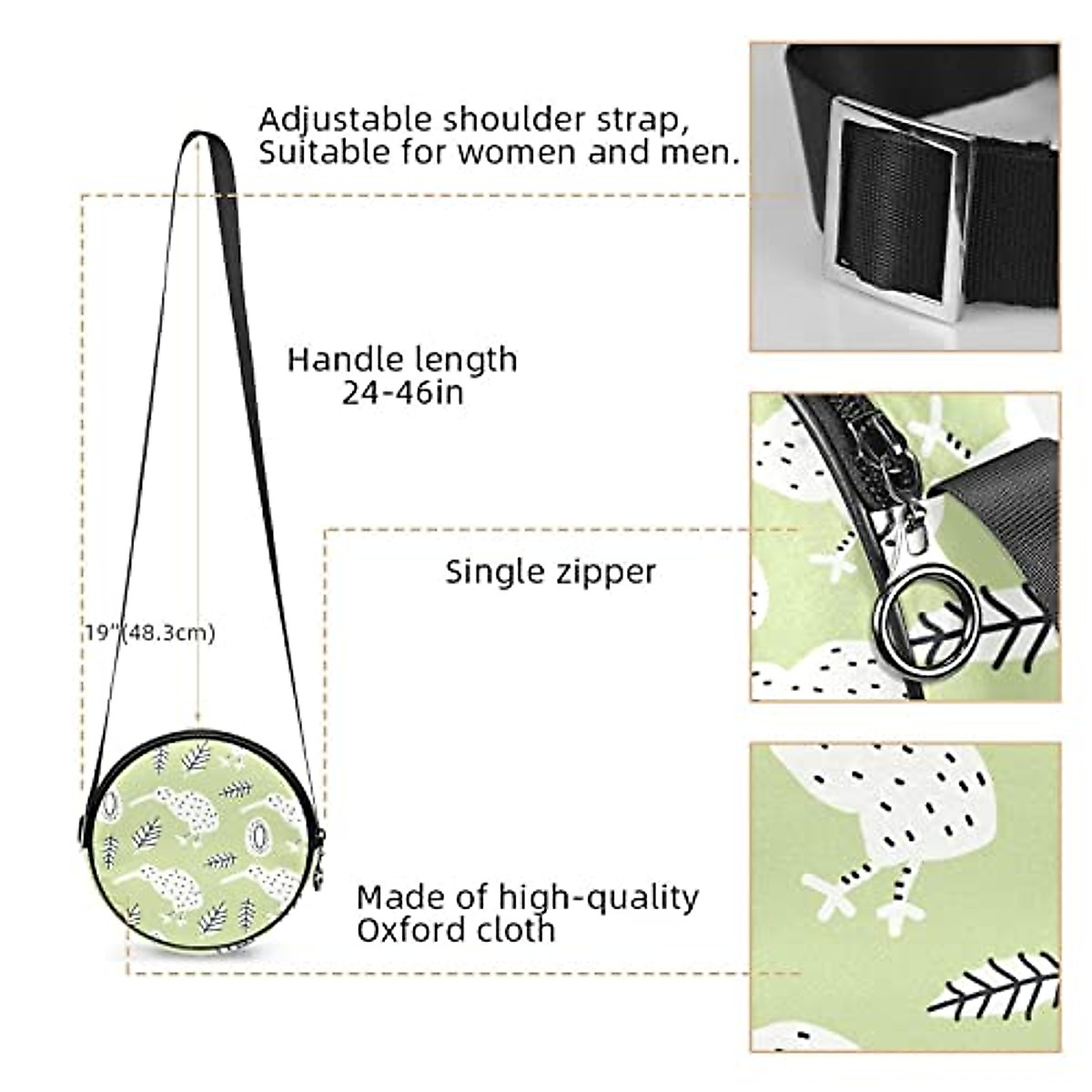 Kiwi Bird Green Crossbody Bag for Women Teen Girls Round Canvas Shoulder Bag Purse Tote Handbag Bag