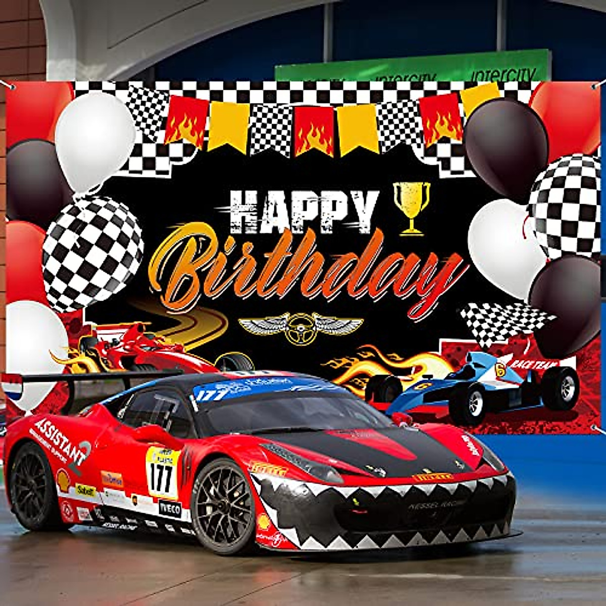 Car Racing Happy Birthday Backdrop Car Themed Birthday Party Decorations Racing Party Photo Background Racing Theme Party Supplies for Birthday Party Photography Decor, 72.8 x 43.3 Inches