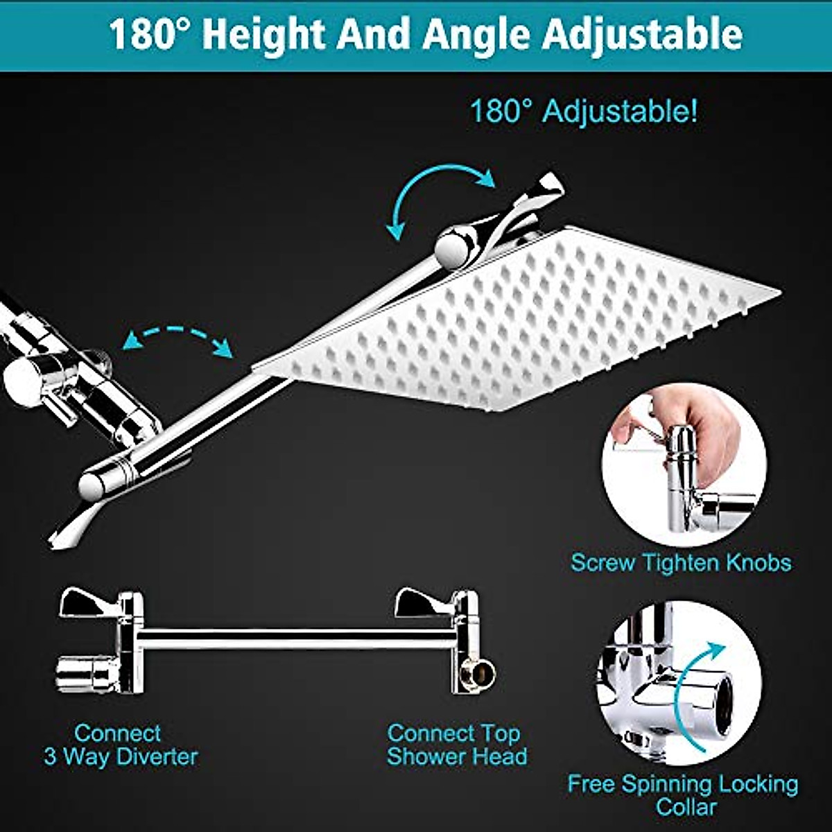 8'' High Pressure Rainfall Shower Head/Handheld Shower Combo with 11'' Extension Arm, Height/Angle Adjustable, Stainless Steel Bath Shower Head with Holder, 1.5M Hose, Chrome, 4 Hooks